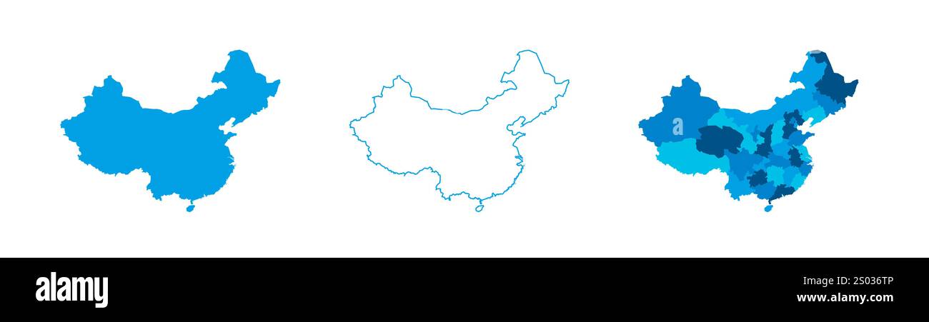 China set of three maps - solid map, outline map and map highlighting ...