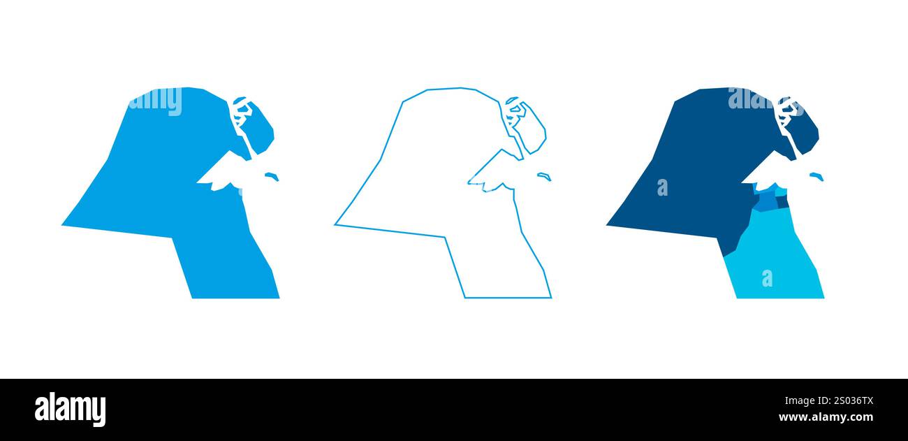 Kuwait set of three maps - solid map, outline map and map highlighting administrative divisions ...