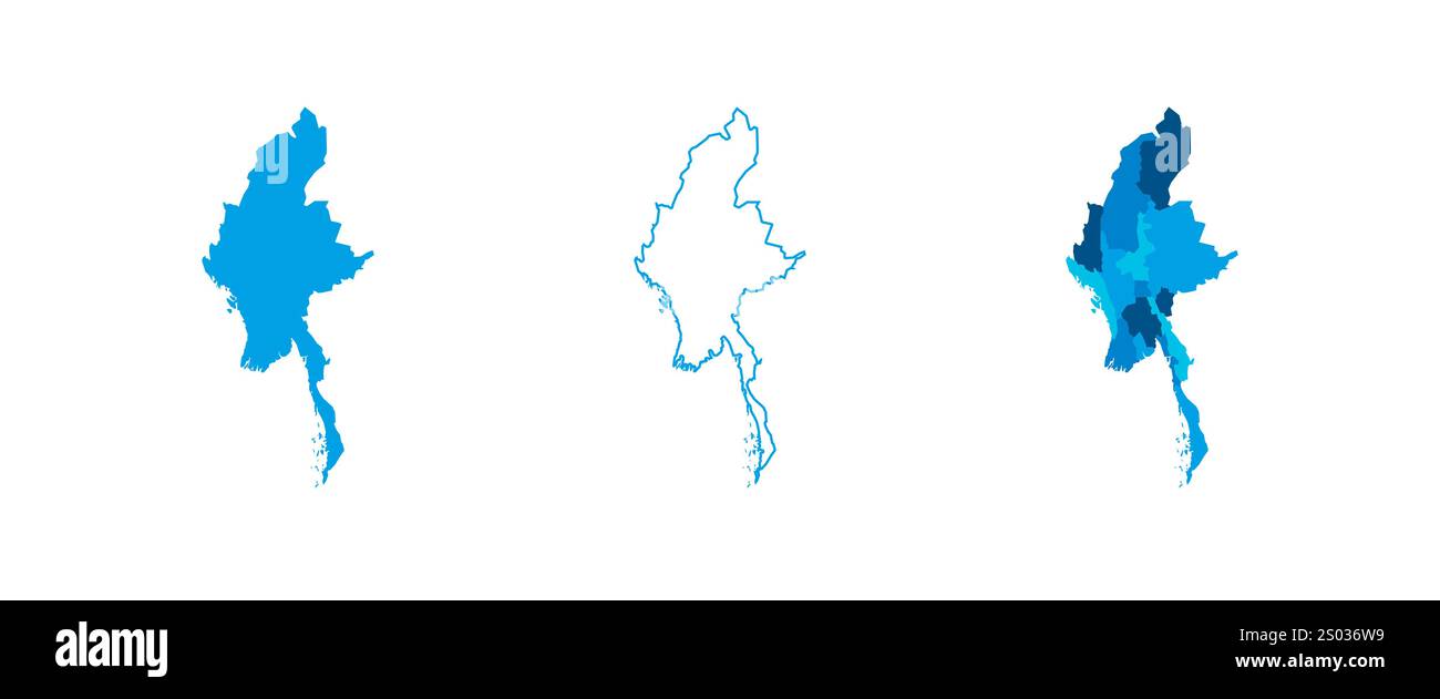 Myanmar set of three maps - solid map, outline map and map highlighting ...