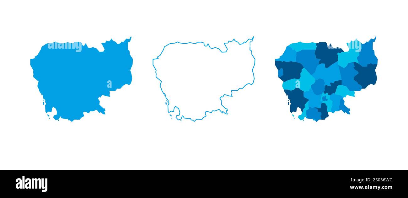 Cambodia set of three maps - solid map, outline map and map highlighting administrative ...