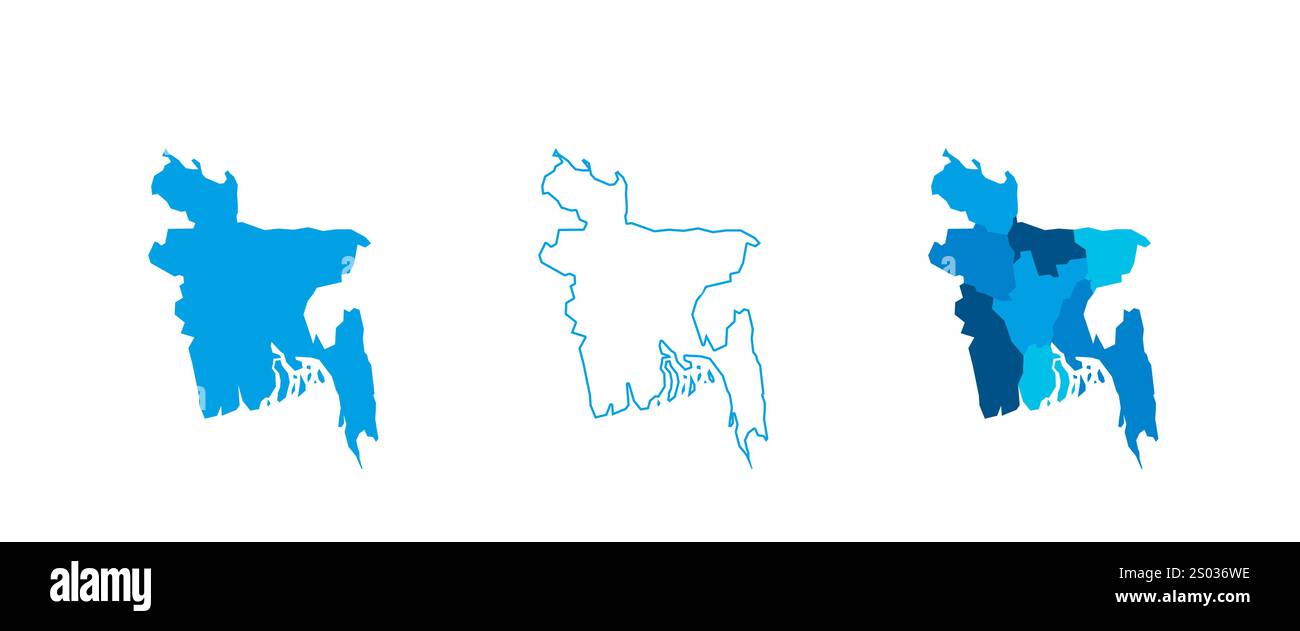 Bangladesh set of three maps - solid map, outline map and map highlighting administrative ...