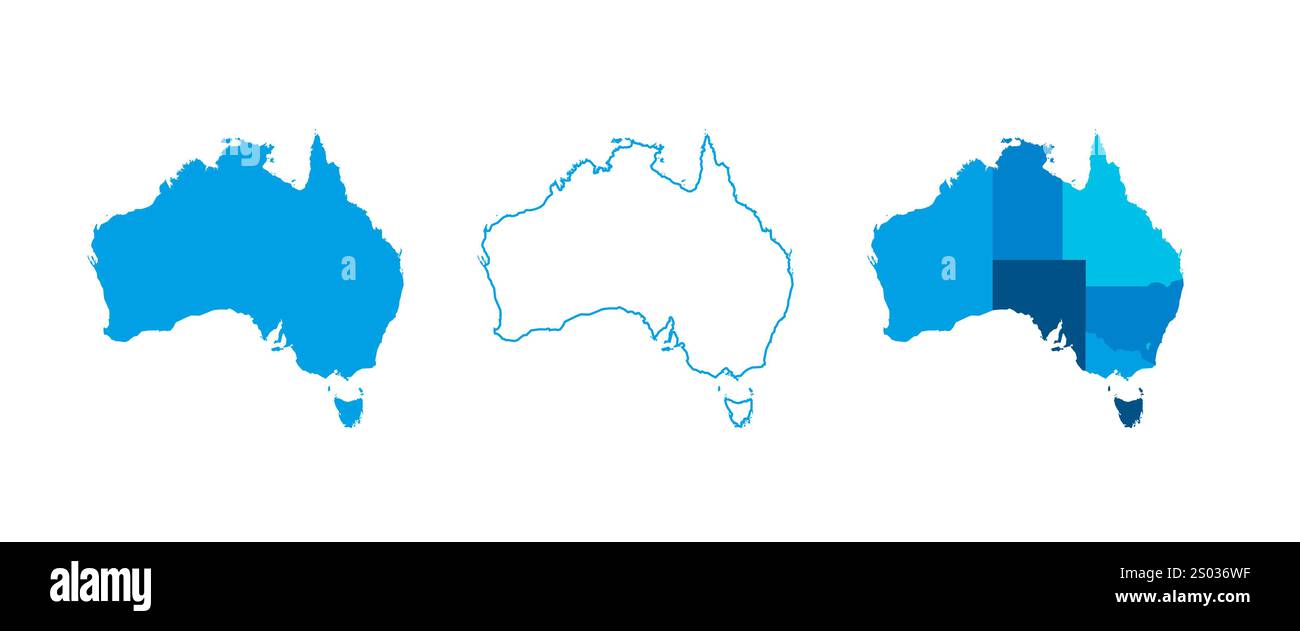 Australia set of three maps - solid map, outline map and map ...