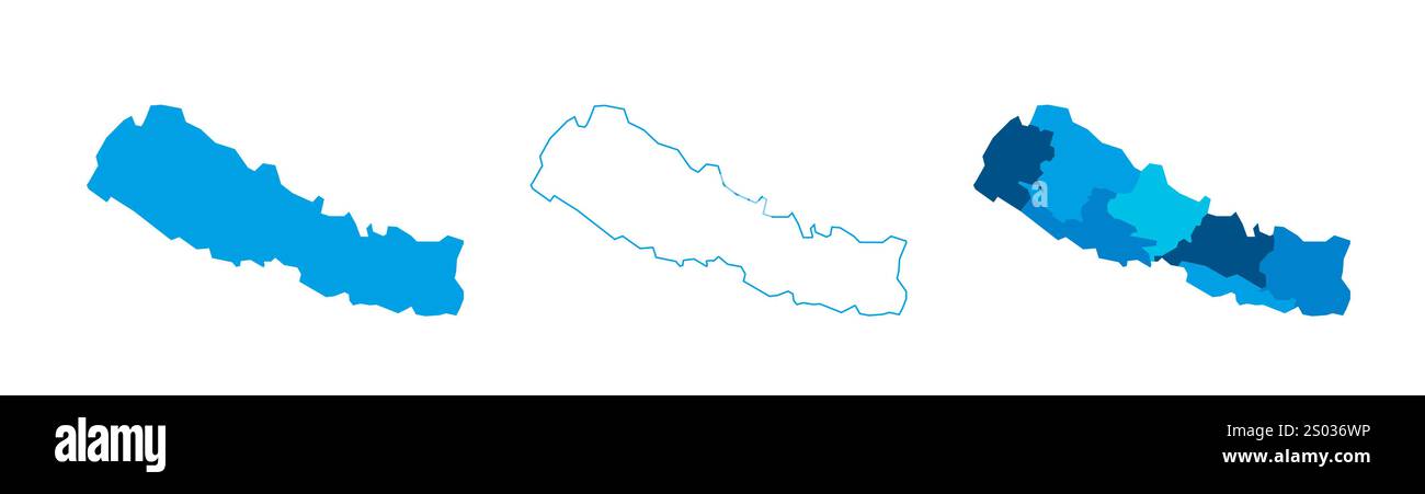 Nepal set of three maps - solid map, outline map and map highlighting ...