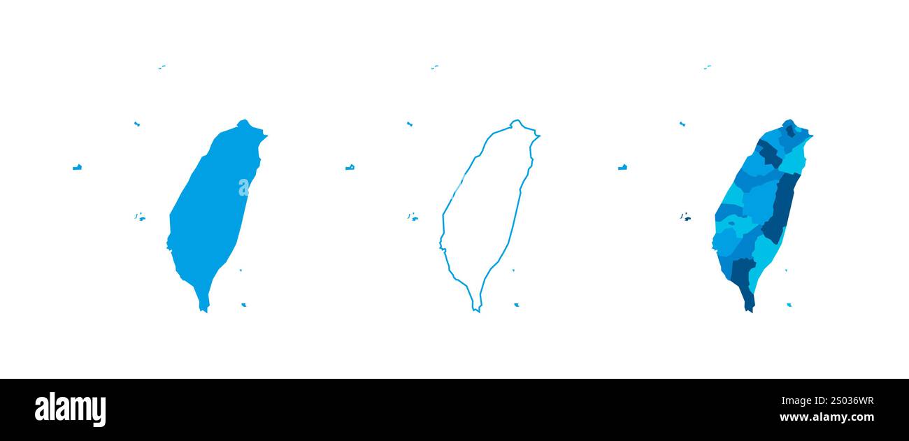 Taiwan set of three maps - solid map, outline map and map highlighting ...