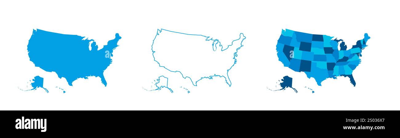 United States of America set of three maps - solid map, outline map and ...