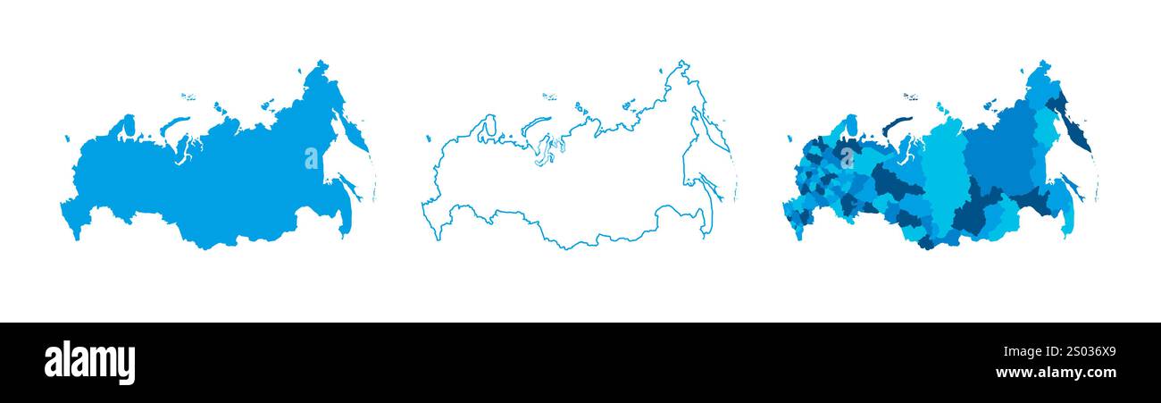 Russia set of three maps - solid map, outline map and map highlighting ...