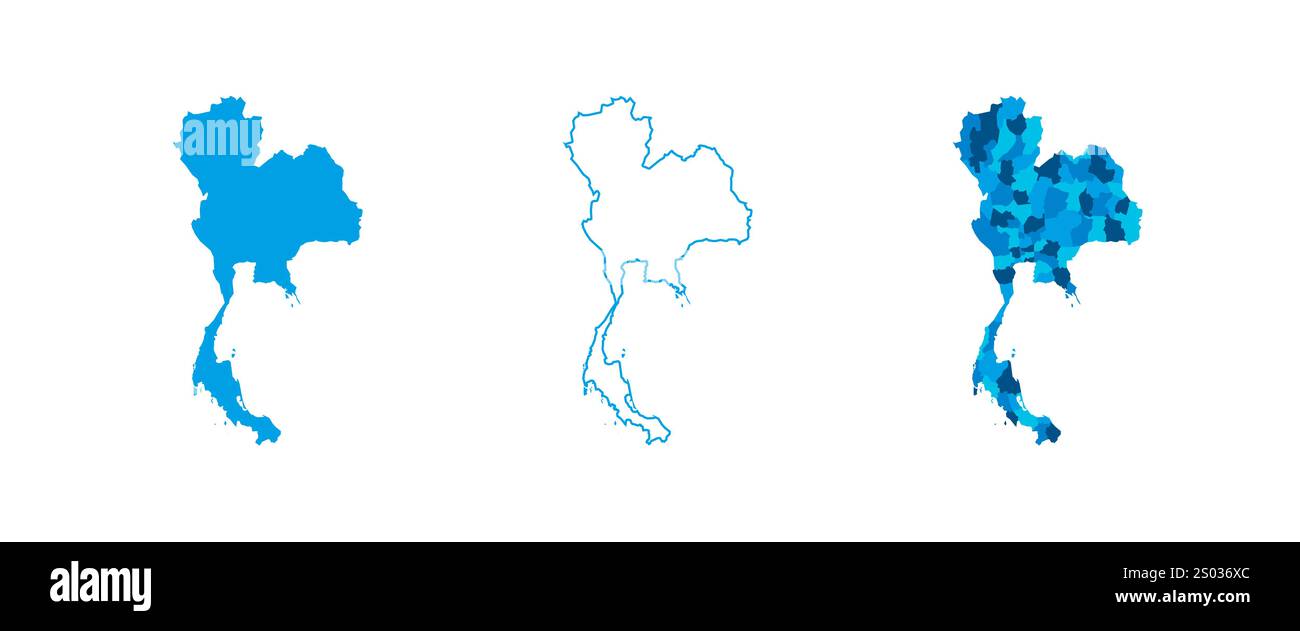 Thailand set of three maps - solid map, outline map and map highlighting administrative ...