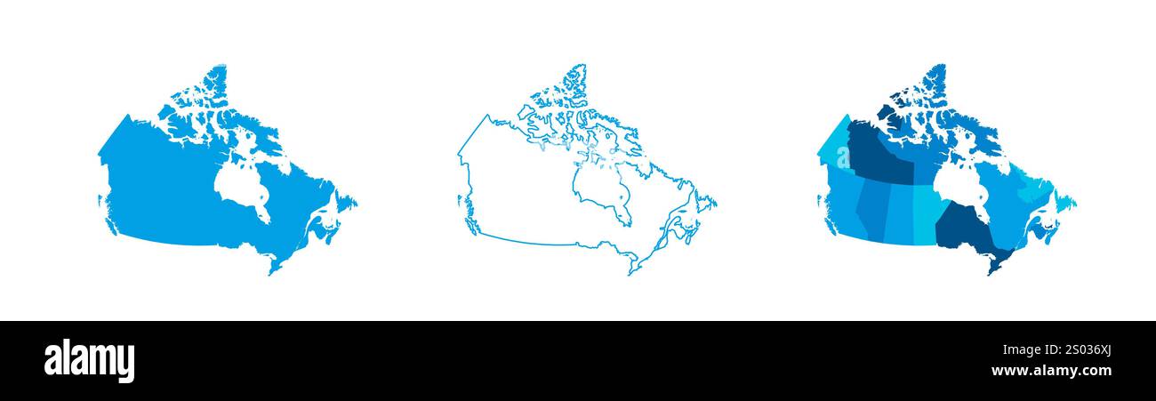 Canada set of three maps - solid map, outline map and map highlighting ...
