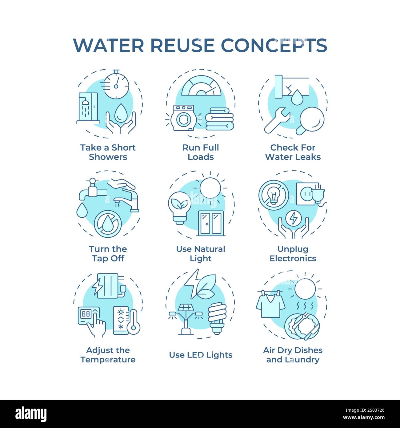 Water reuse soft blue concept icons. Natural sources management. Liquid ...