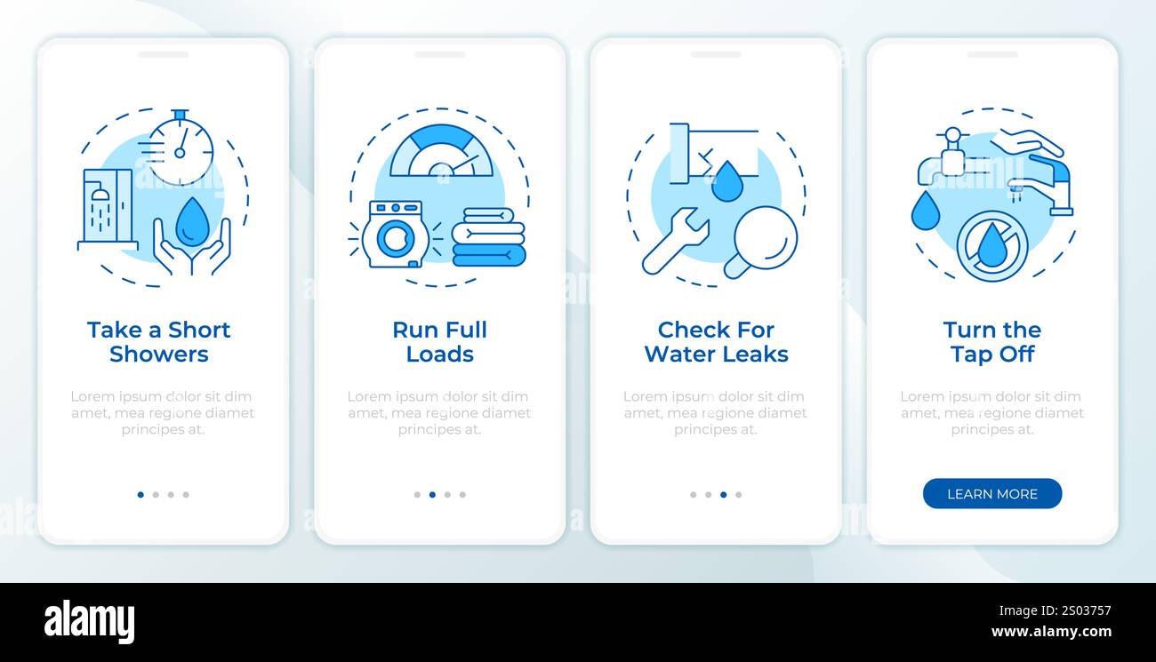 Water Saving Tips Blue Onboarding Mobile App Screen Consumption Walkthrough 5 Steps Editable
