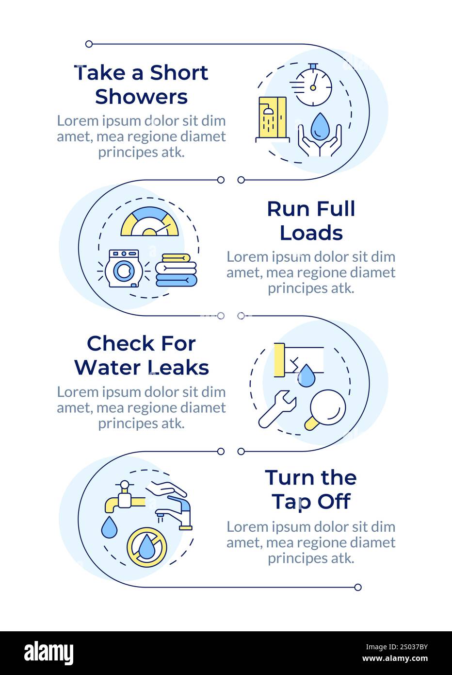 Water saving tips infographic vertical sequence. Sustainable ...