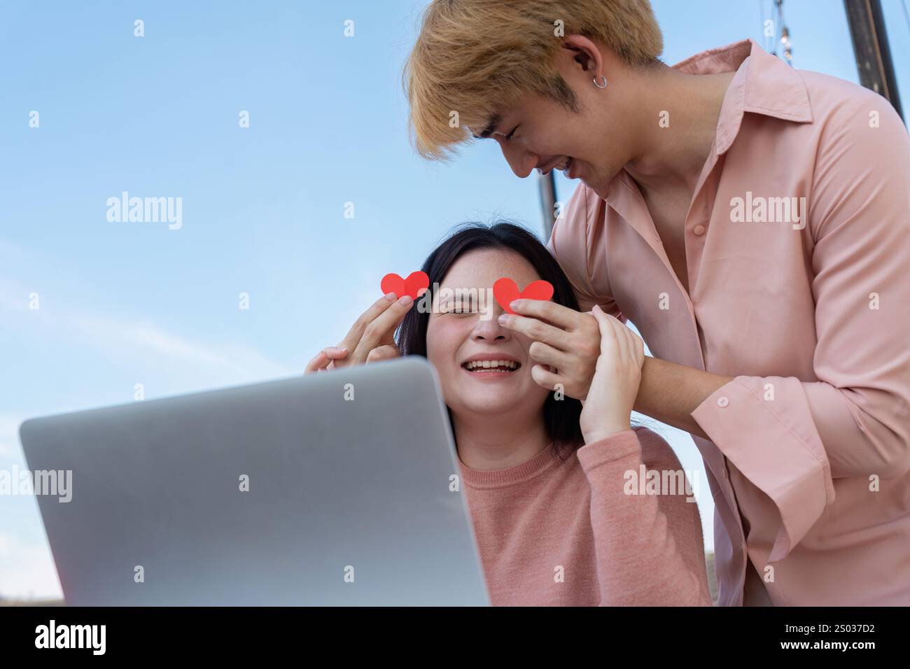 Valentine day surprise couple celebrating love at home digital ...