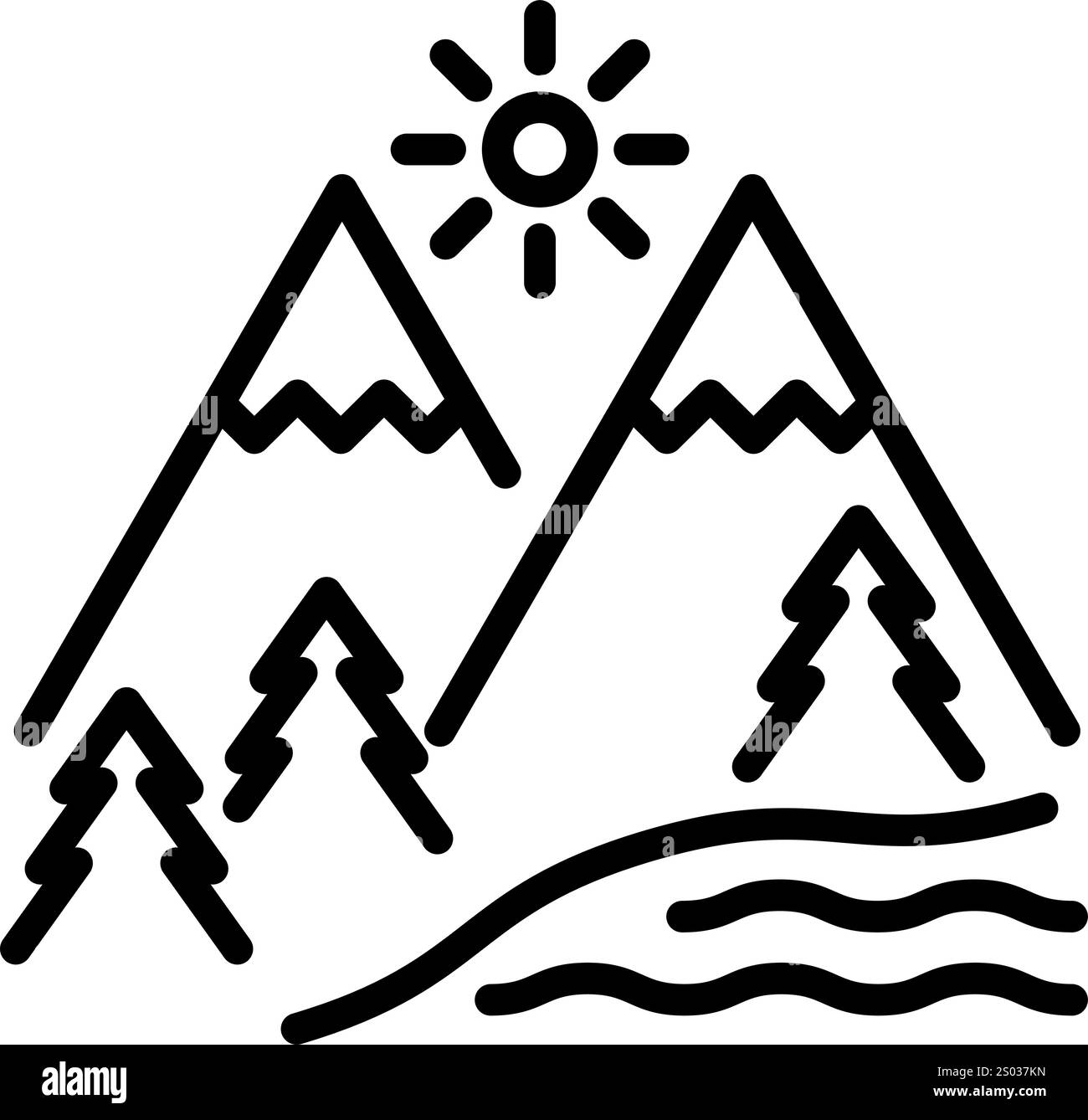 Landscape line icon. Mountains with forest, sun, clouds and body of ...