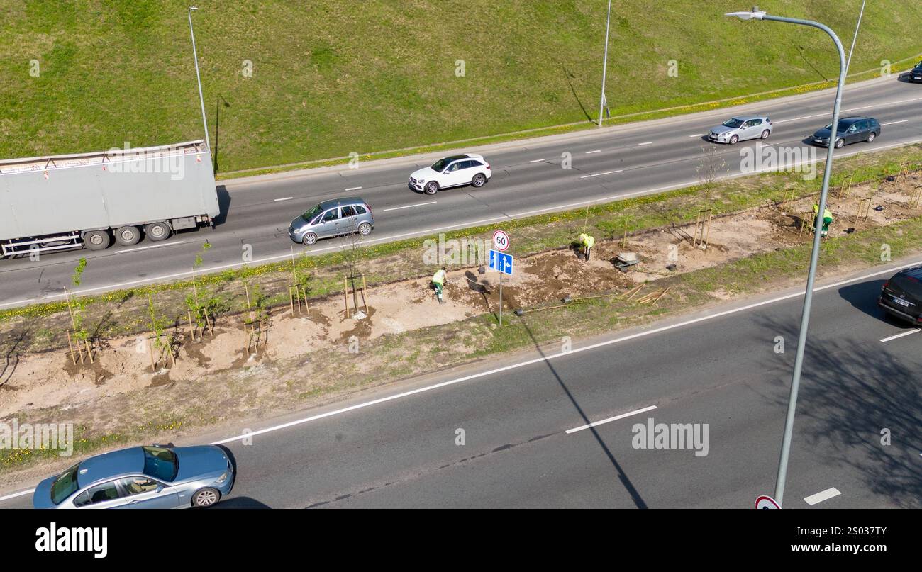 Aerial view of a divided highway with two lanes in each direction ...