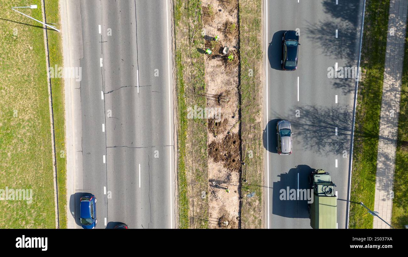 Aerial view of a divided highway with cars and workers planting trees ...