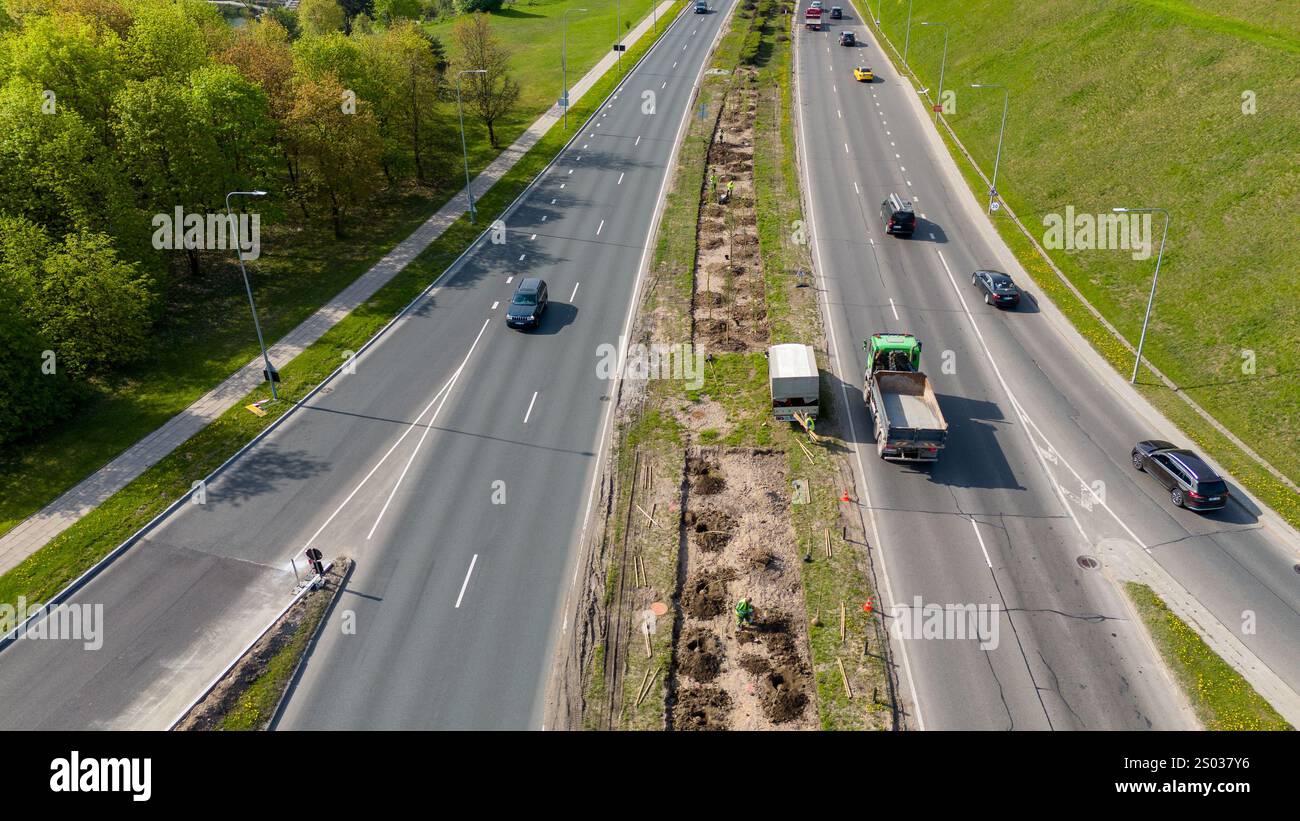 Aerial view of a divided highway with two lanes in each direction ...
