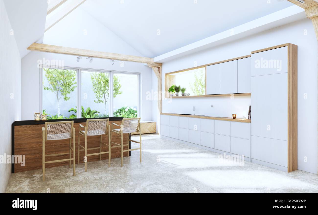 A contemporary, open kitchen with natural light streaming in through ...