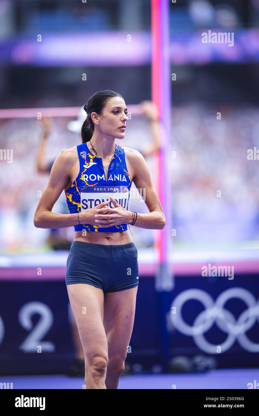 Daniela Stanciu participating in the high jump at the Paris 2024 ...