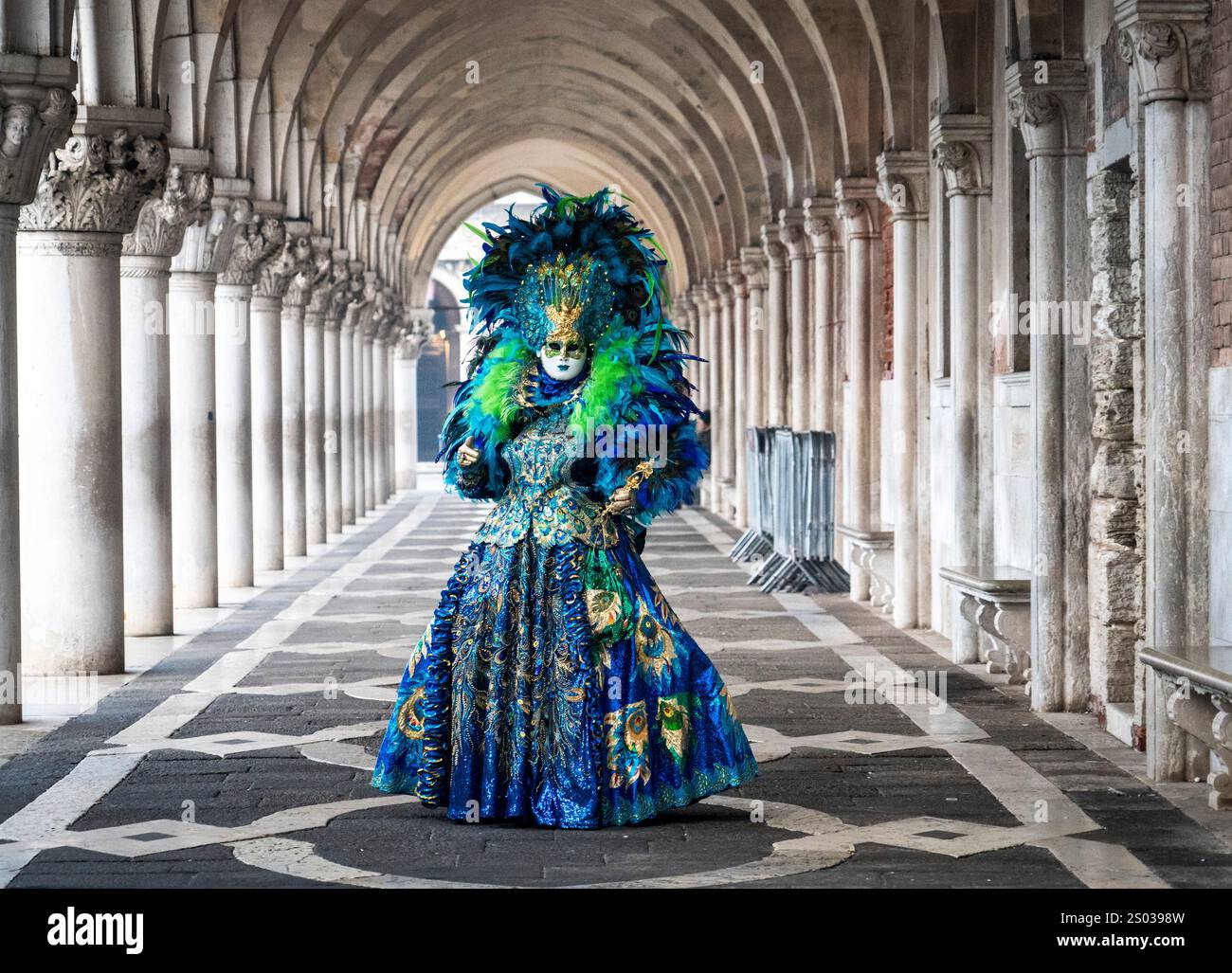 A person in an elaborate blue and green costume with feathers and a ...