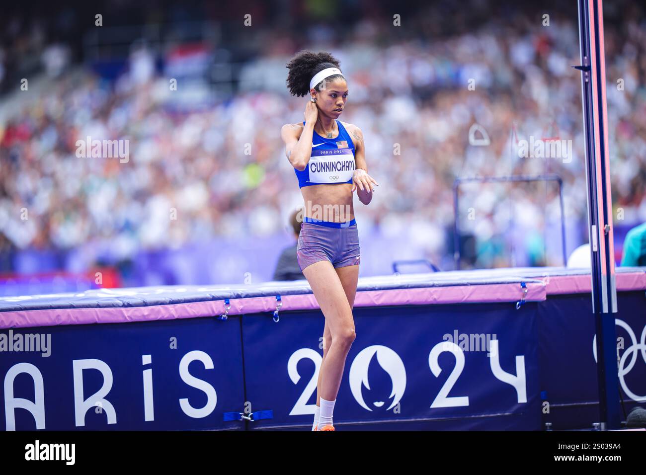 Vashti Cunningham participating in the high jump at the Paris 2024 ...