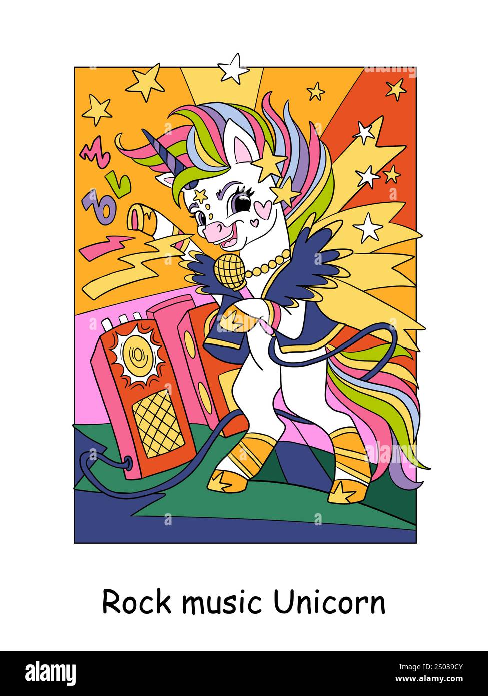 A cool unicorn with a microphone sings rock music. Vector color cartoon ...