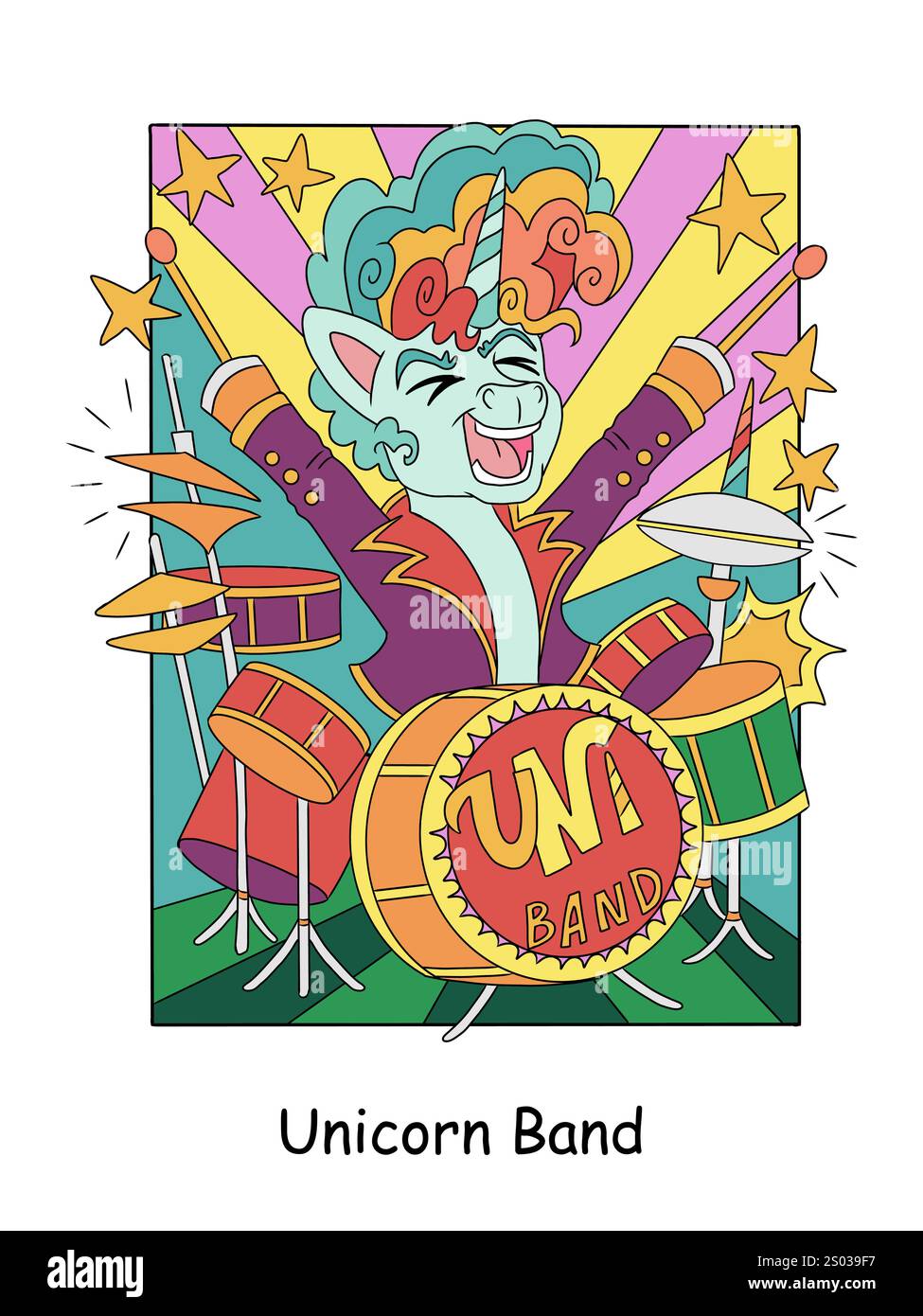 Cool rock music unicorn playing the drums. Vector cartoon illustration ...