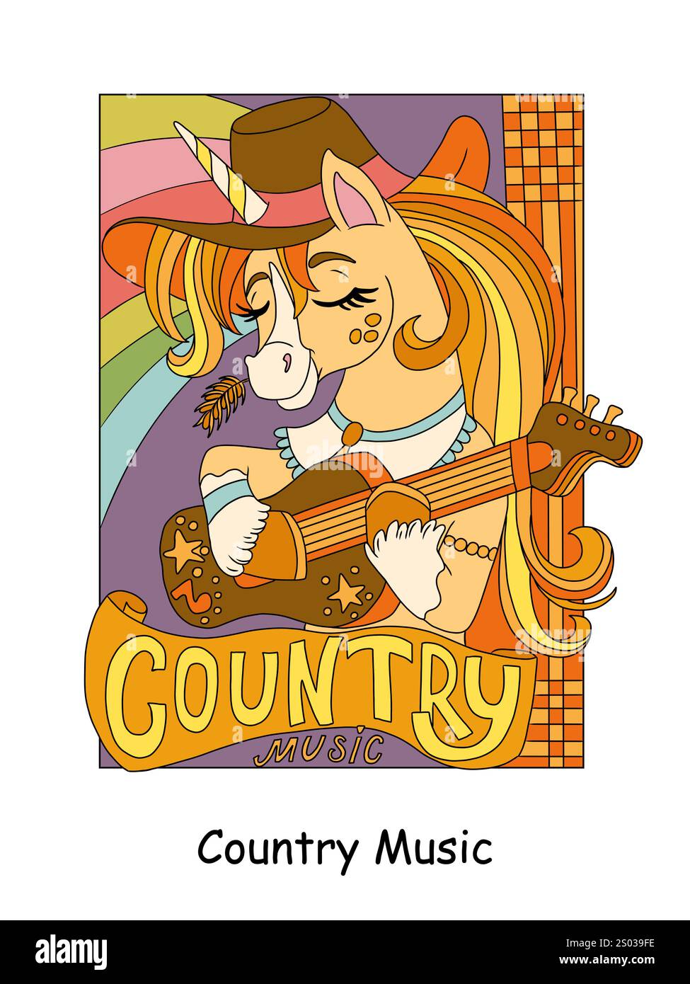 A cute dreaming country music unicorn playing a guitar. Vector color ...