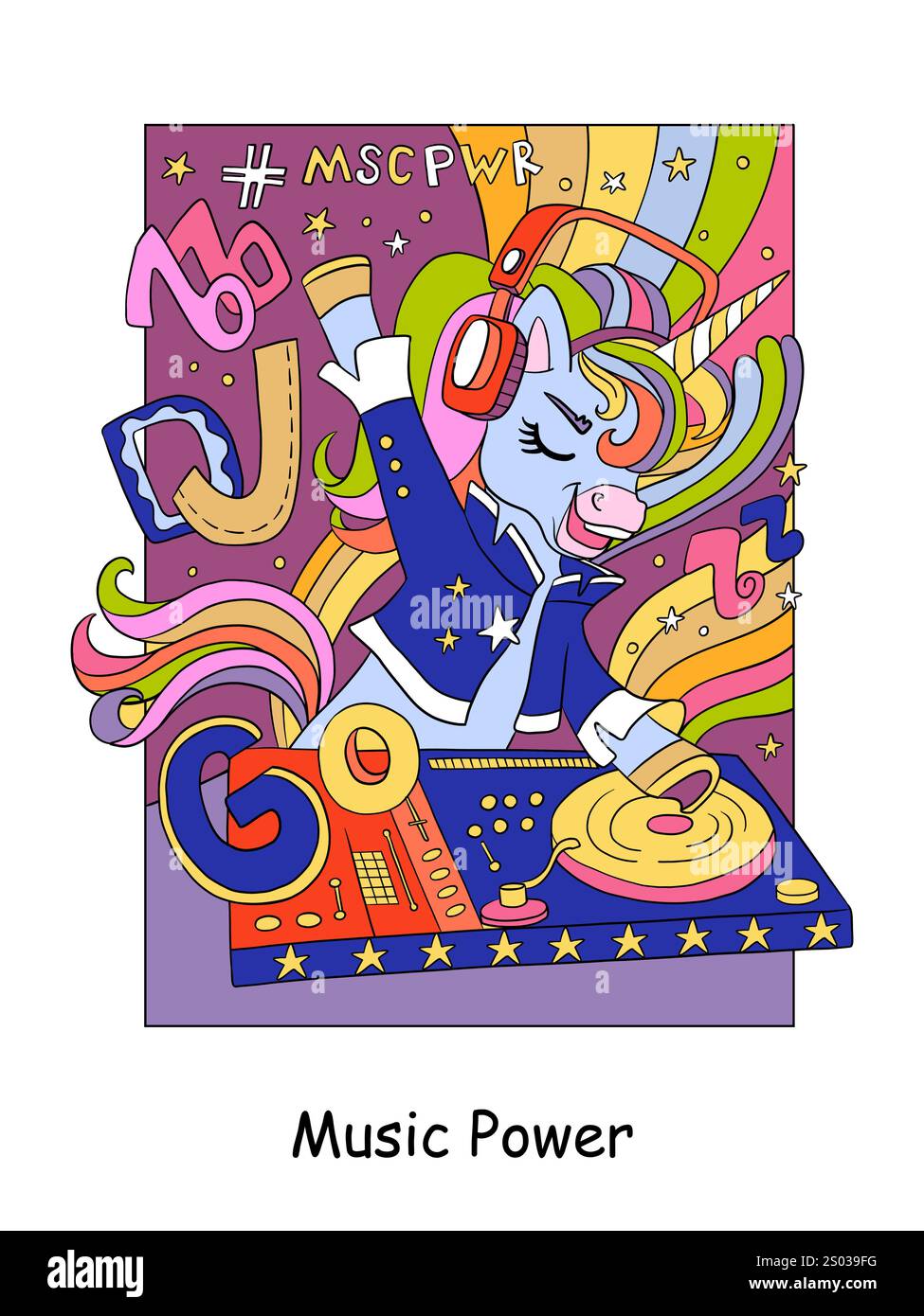 Cool unicorn musician in front of the DJ console. Vector color cartoon ...