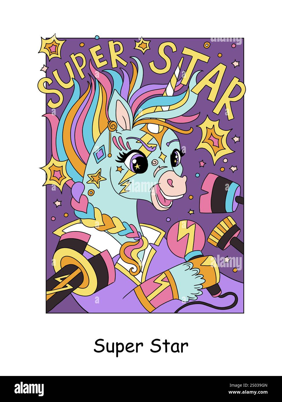 A cool Super Star unicorn with a microphones. Vector color cartoon ...