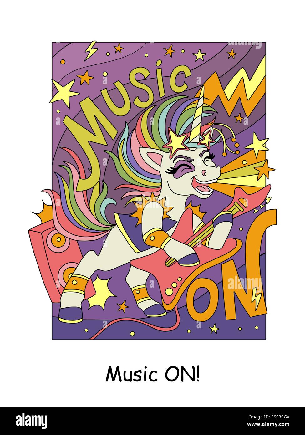 A cool unicorn with a electric guitar sings rock music. Vector color ...