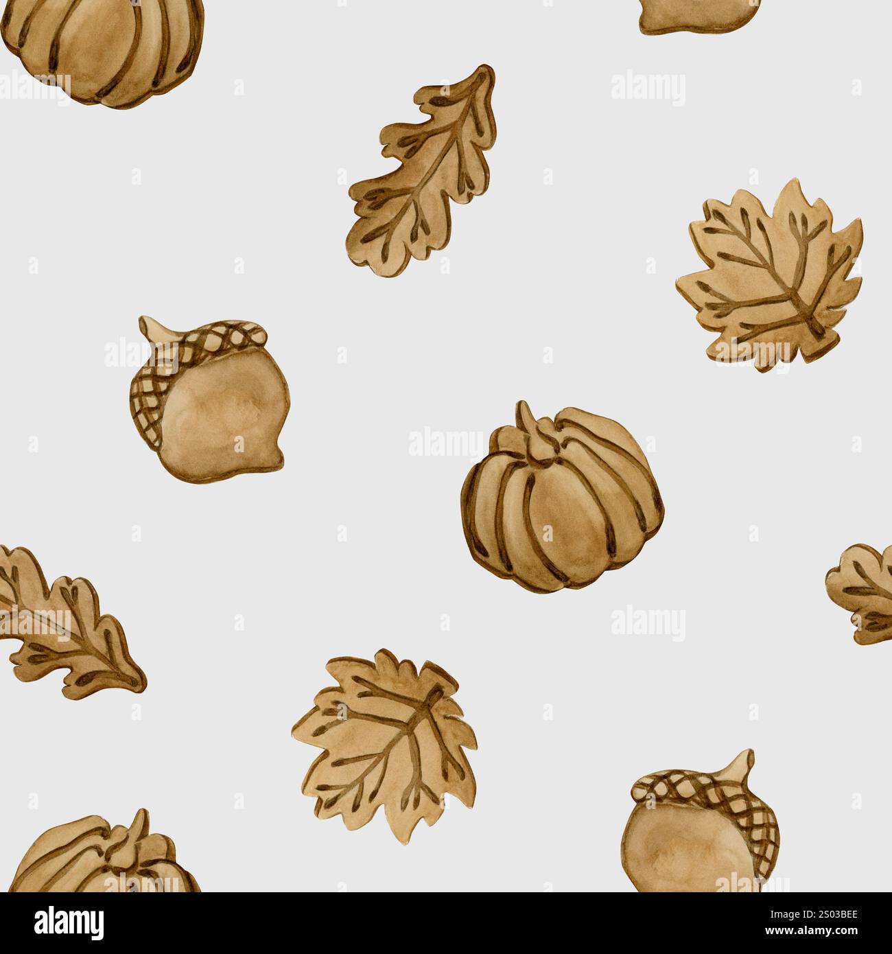 Gingerbread cookies. Autumn leaves, pumpkin and acorn shape. Leafy crust. Watercolor food ...