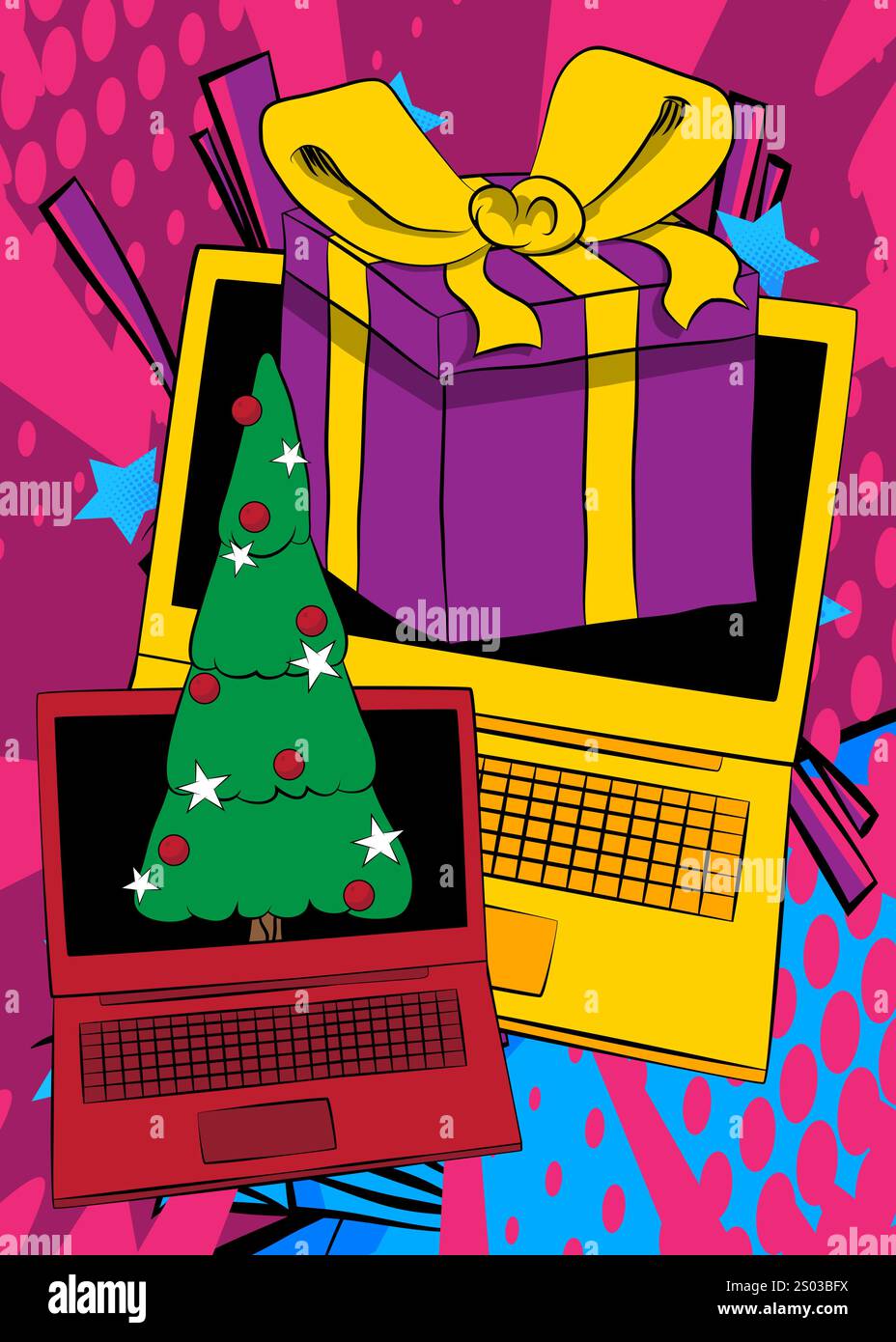 Cartoon Laptop, comic book Notebook with Gift Box and Christmas ...