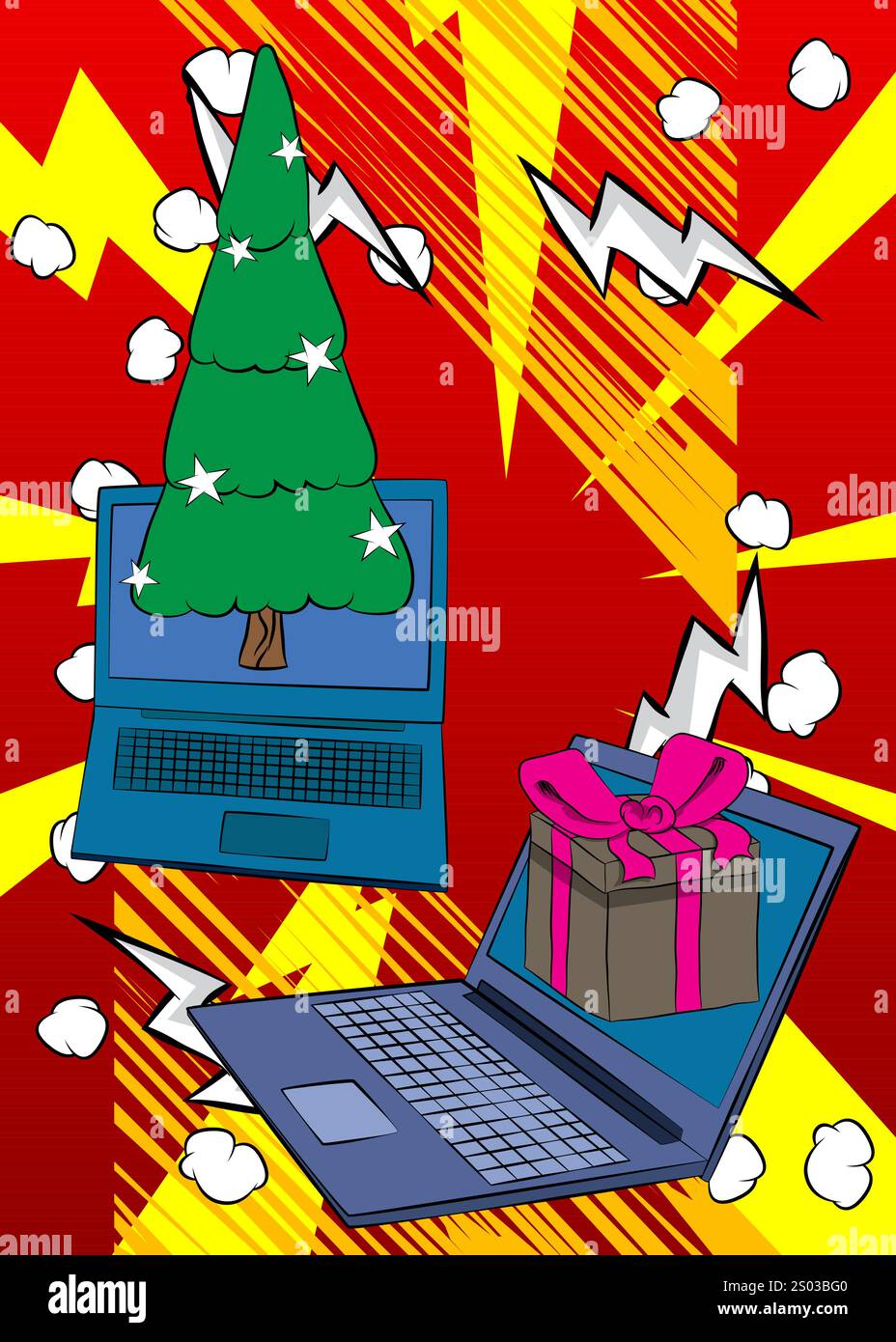 Cartoon Laptop, comic book Notebook with Gift Box and Christmas ...