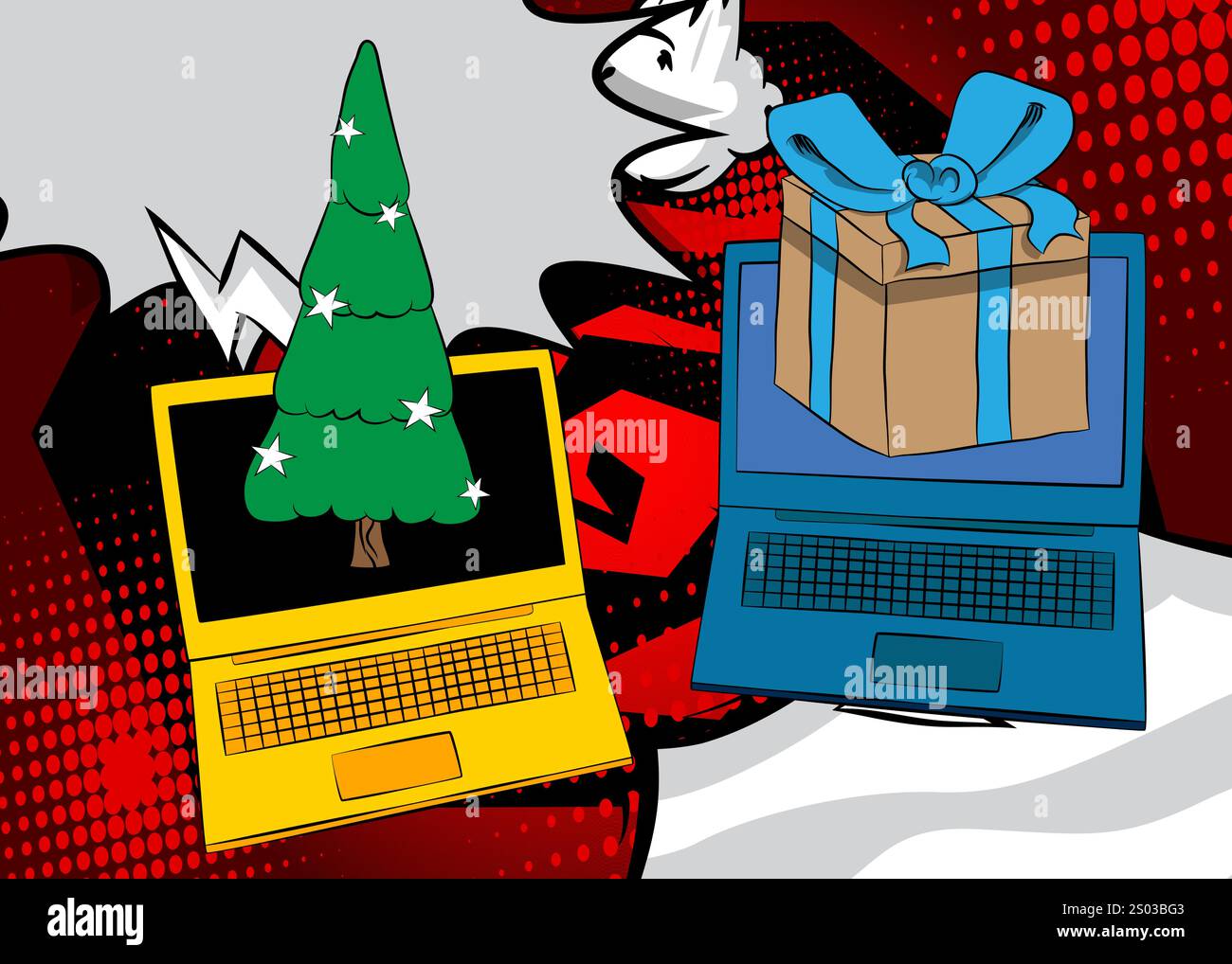 Cartoon Laptop, comic book Notebook with Gift Box and Christmas ...