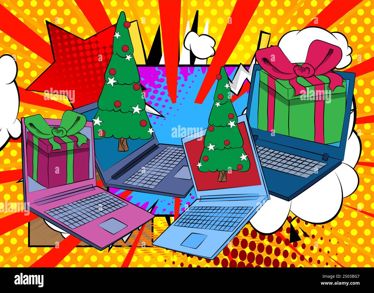 Cartoon Laptop, comic book Notebook with Gift Box and Christmas ...