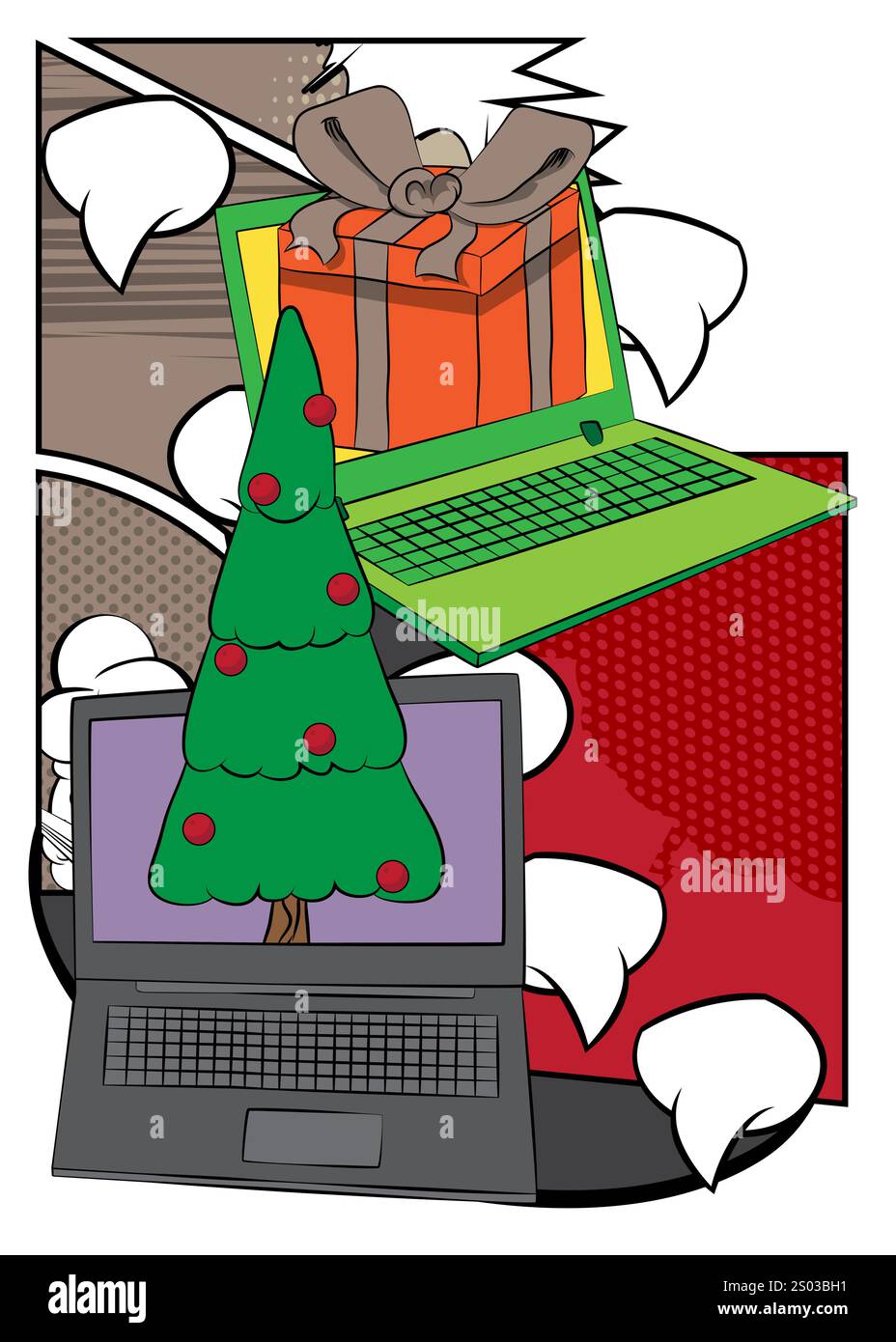 Cartoon Laptop, comic book Notebook with Gift Box and Christmas ...