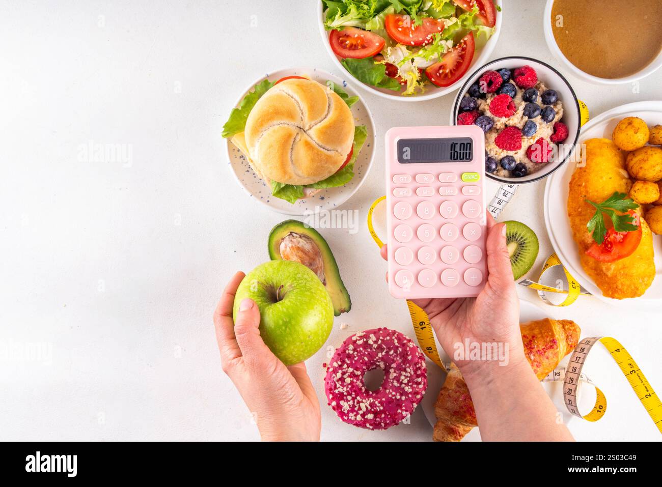 Calorie Calculator diet background with healthy and unhealthy foods ...