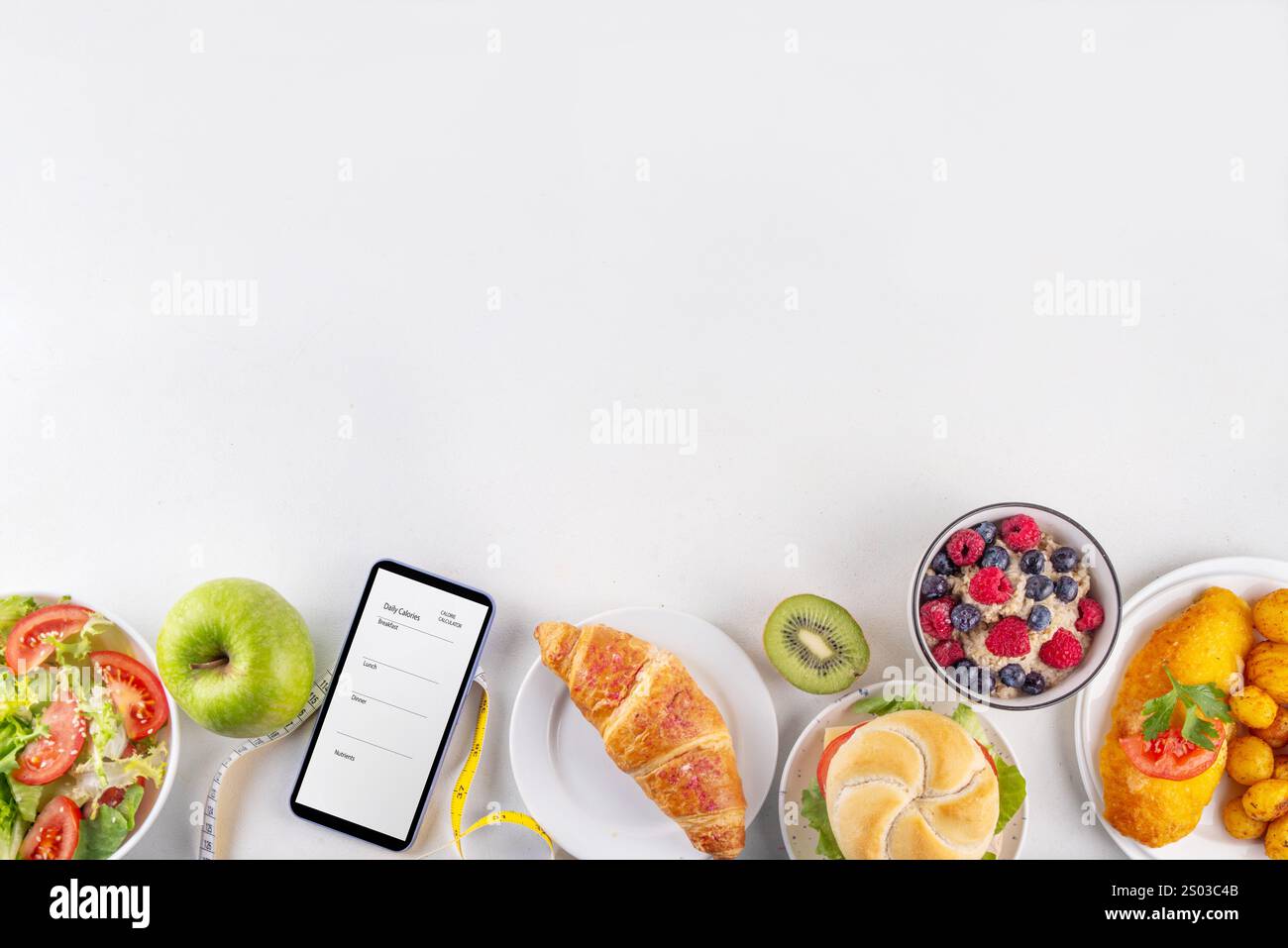 Calorie Calculator diet background with healthy and unhealthy foods ...