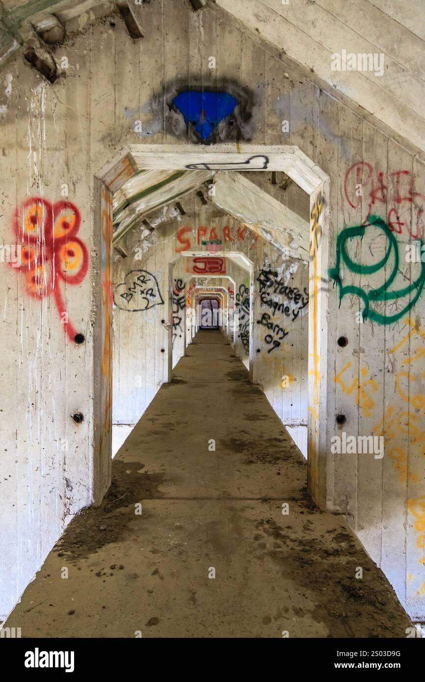 A long, narrow hallway with graffiti on the walls. The graffiti ...