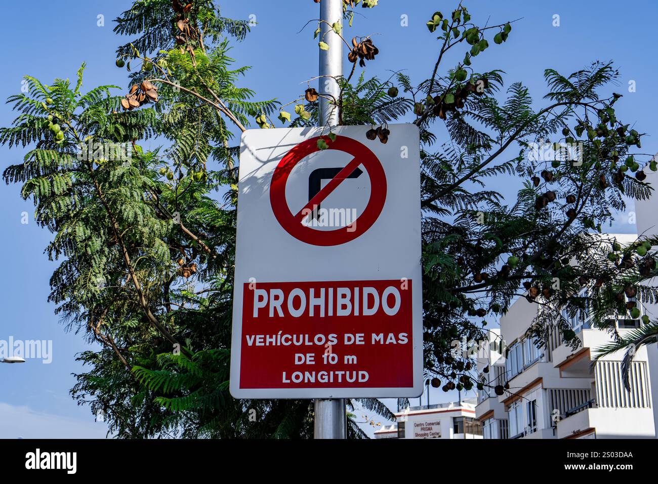 A sign on a pole that says "Prohibido" in red and white. The sign is ...