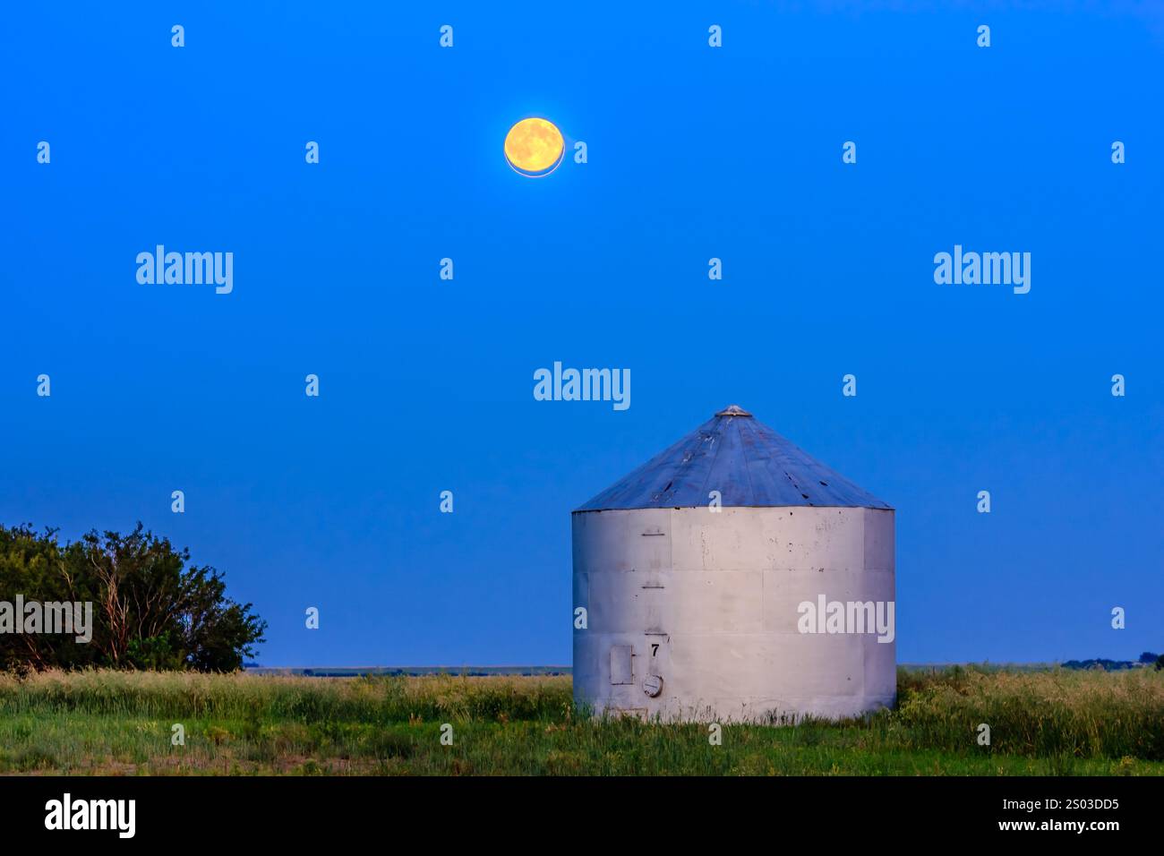 A silvery metal silo is in a field with a full moon in the sky. The ...