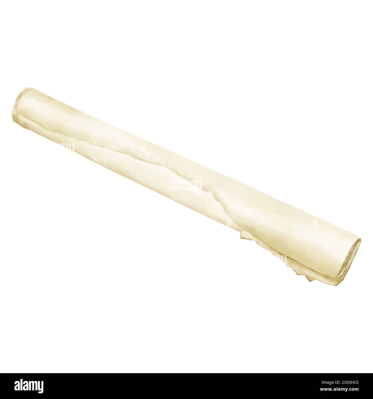 Scroll of old parchment paper, rolled up. Watercolor digital illustration. Beige vintage paper ...