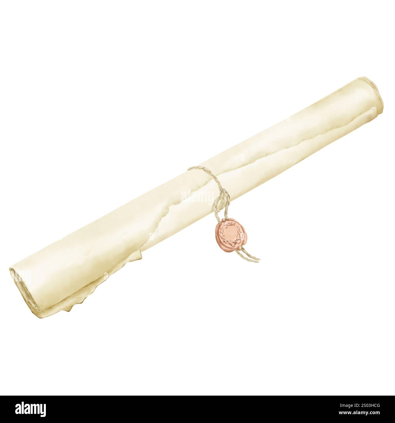 Scroll of old parchment paper, tied with twine and sealed with wax seal. Watercolor digital ...