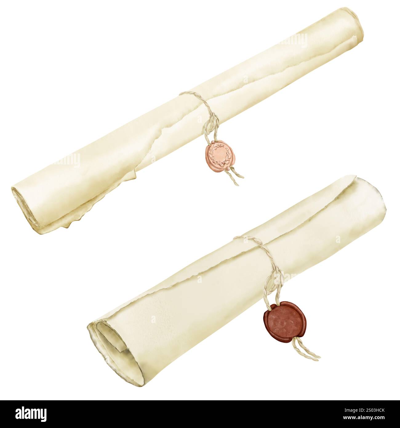Parchment paper scroll tied with twine and sealed with wax seal in set ...