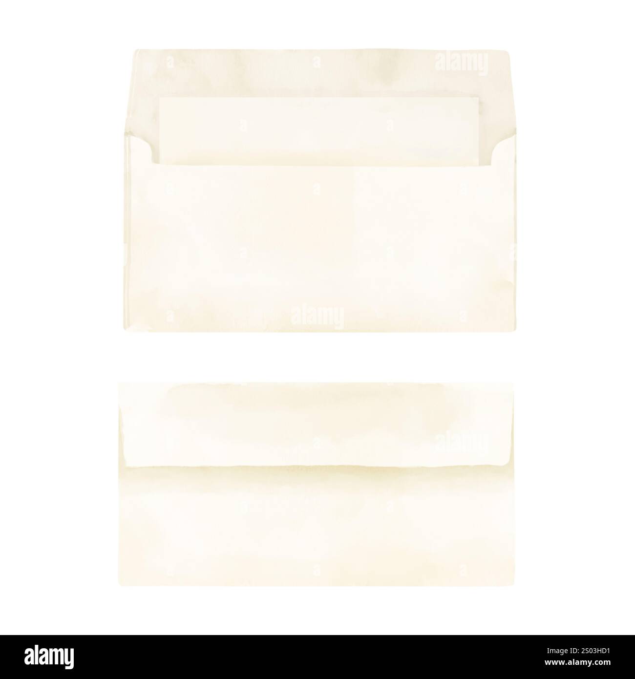 Closed and open narrow kraft paper envelope, in a set. Watercolor ...