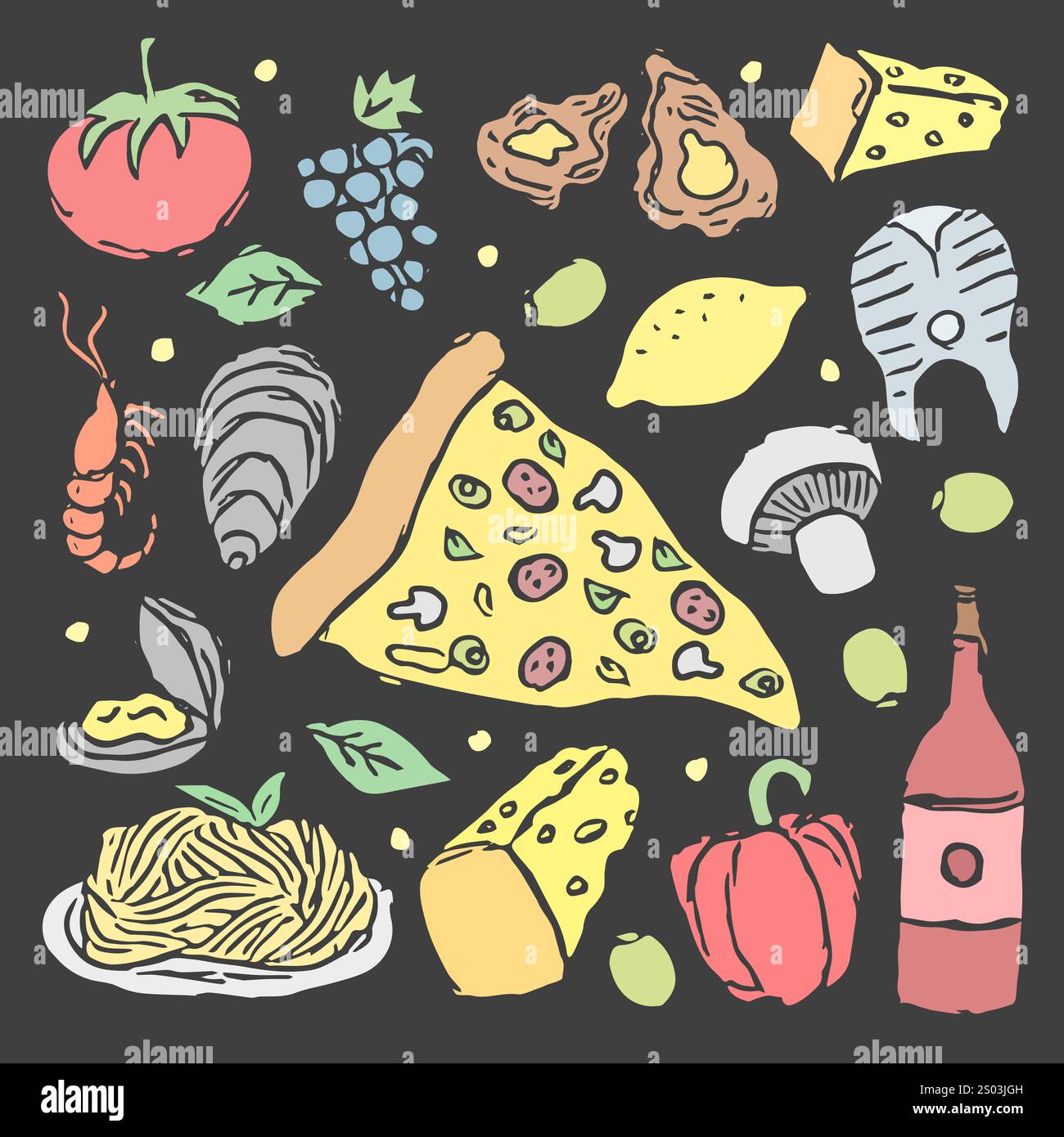 Italian food icons. Doodle vector italian food Stock Photo - Alamy