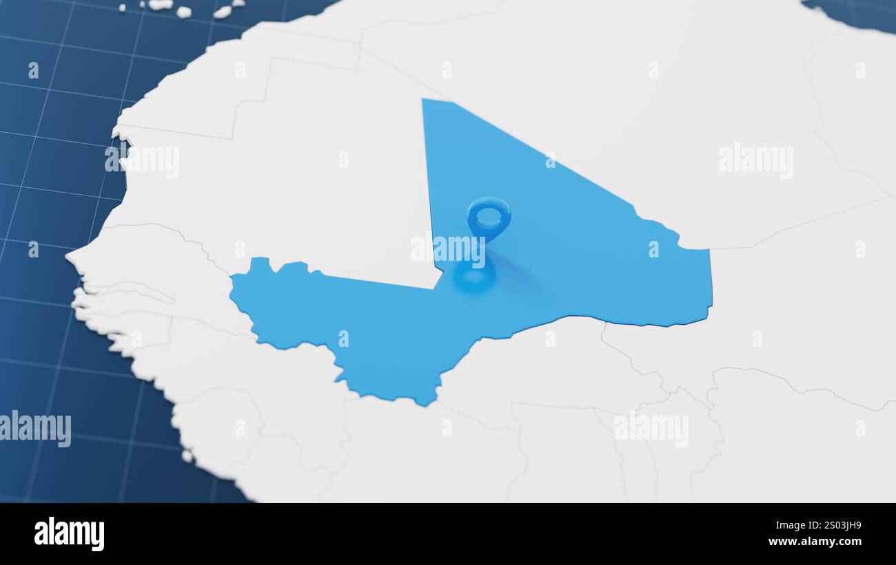 Blue Mali 3d map with pointer pin surrounded with other countries in ...