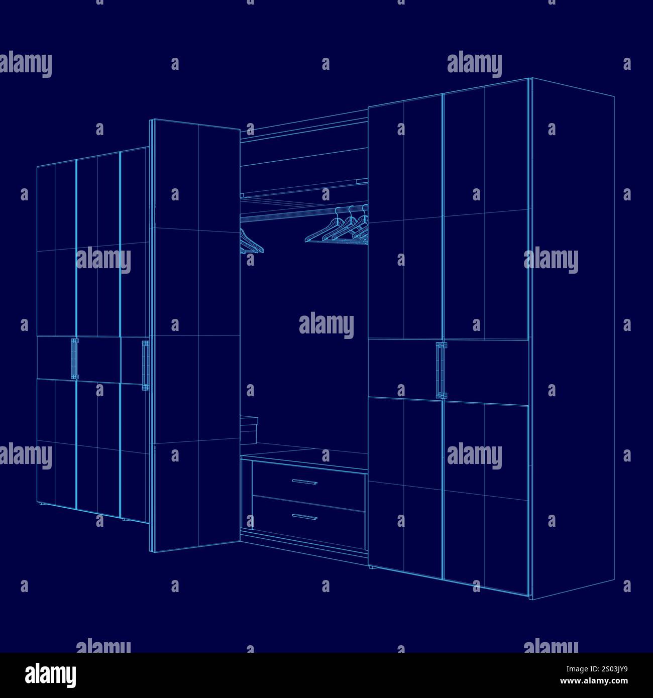 A blue drawing of a cabinet with a door. The cabinet is made of wood ...
