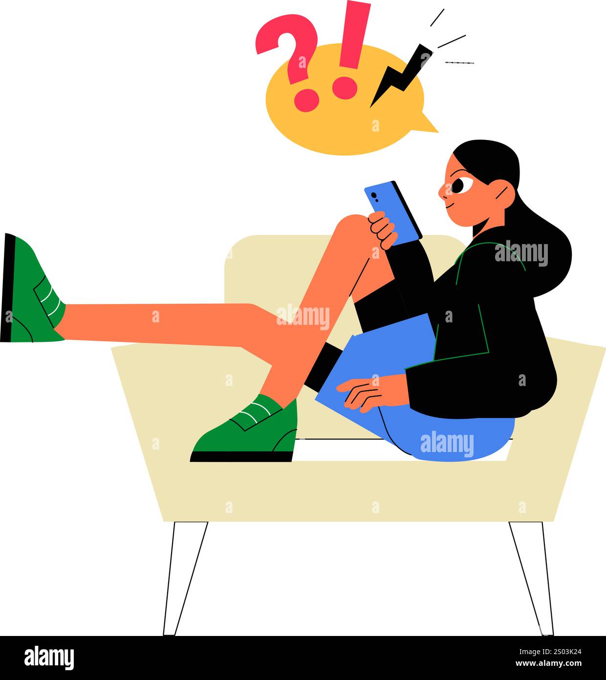 Seated Woman Holding Phone With Speech Bubble And Question Marks In ...