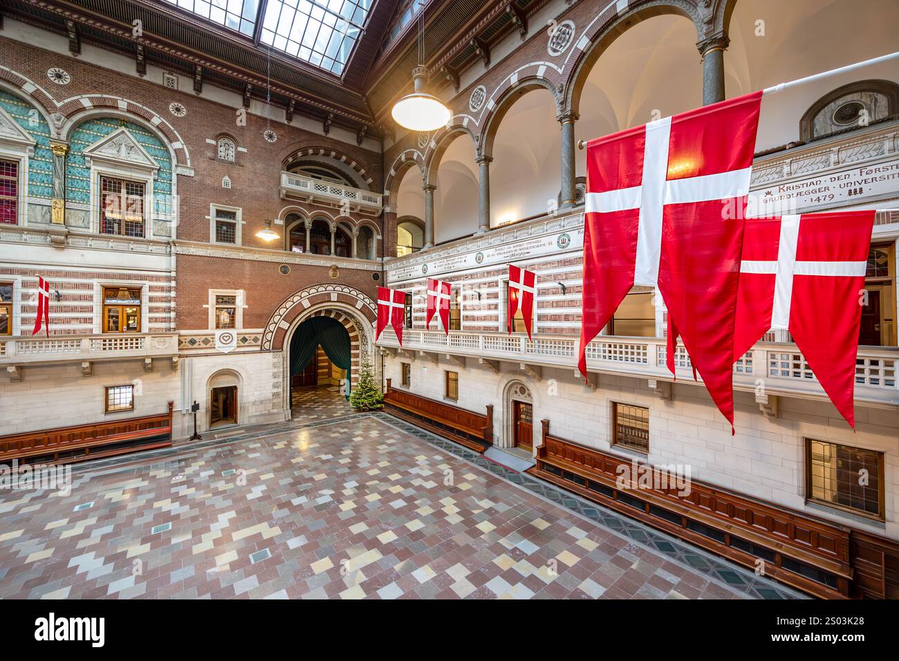 Atrium decorated with Danish flags in Copenhagen City Hall Stock Photo ...